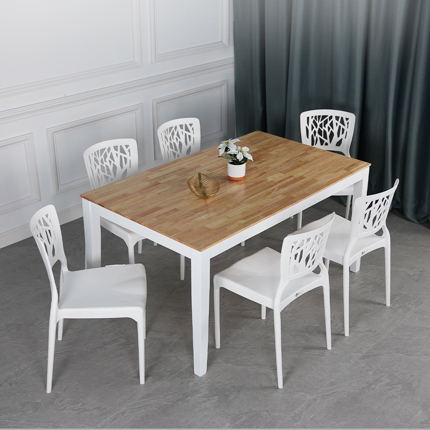 (FREE Shipping) 6 People Seater Dining Set with 1 Table Solid Wood 6 C ...