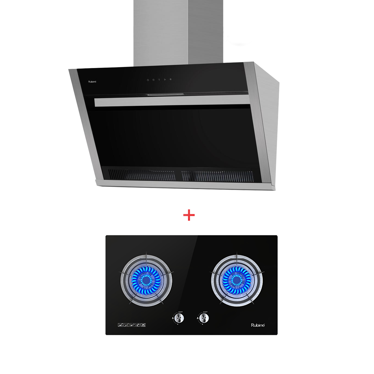 Rubine Slanted Hood ASPIRA-90SS + Built-in Hob Gas Stove Hob Tempered ...